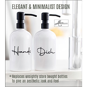 Alora Hand Soap Dispenser and Liquid Dish Soap Dispenser for Kitchen Sink - Set of 2 - Black Metal Pumps - Reusable Plastic Bottle with Easy to Read Lettering - Countertop Replacement Refill