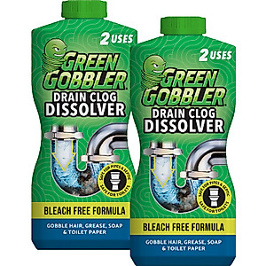 Green Gobbler Liquid Hair Drain Clog Remover & Cleaner, For Toilets, Sinks, Tubs - Septic Safe, 2 Pack