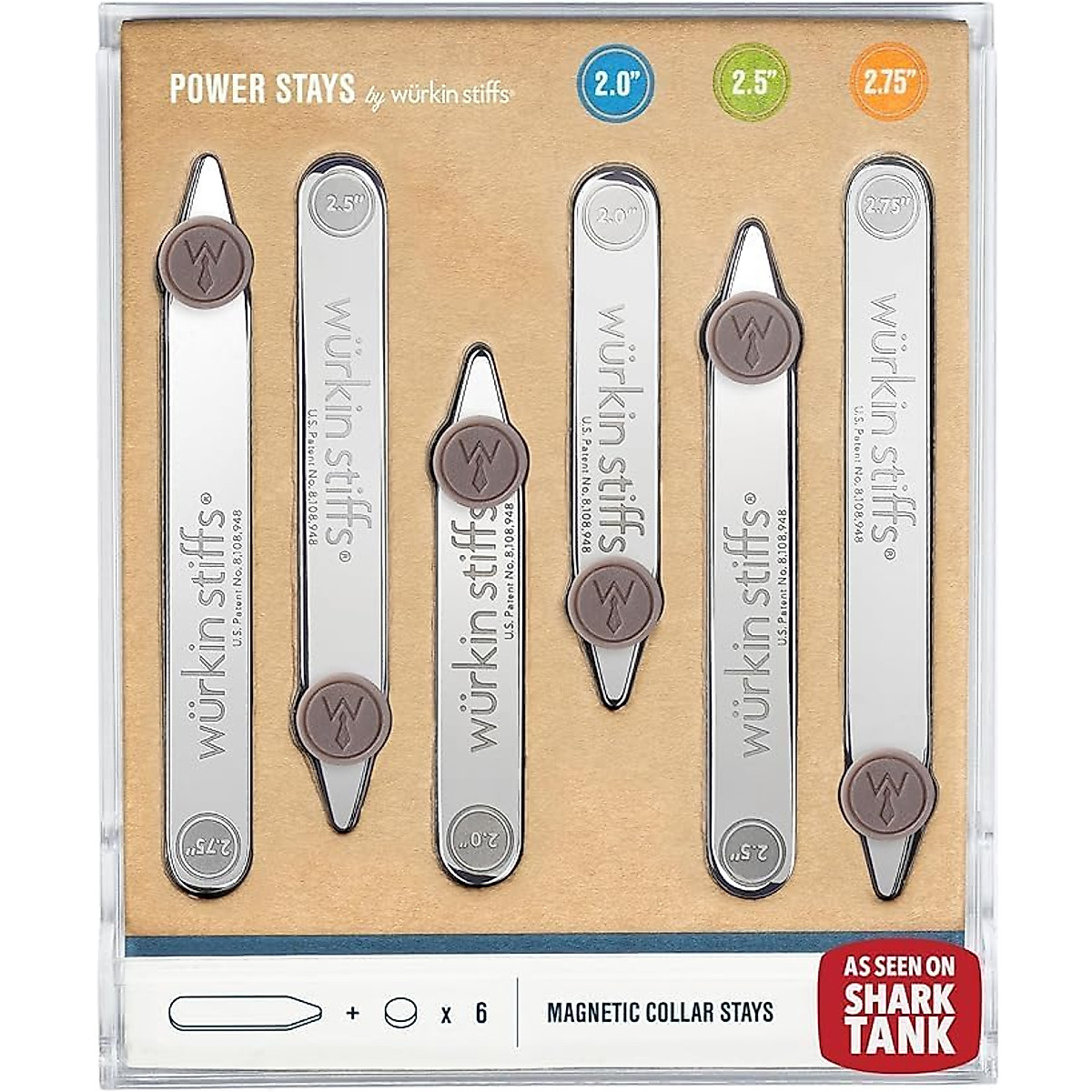 Würkin Stiffs 3-Pair Power Stays Magnetic Collar Stays 3 Pair, 3 Sizes | Includes (2) 2.0” Power Stays, (2) 2.5” Power Stays and (2) 2.75” Power Stays | Gift for Men | As Seen on Shark Tank