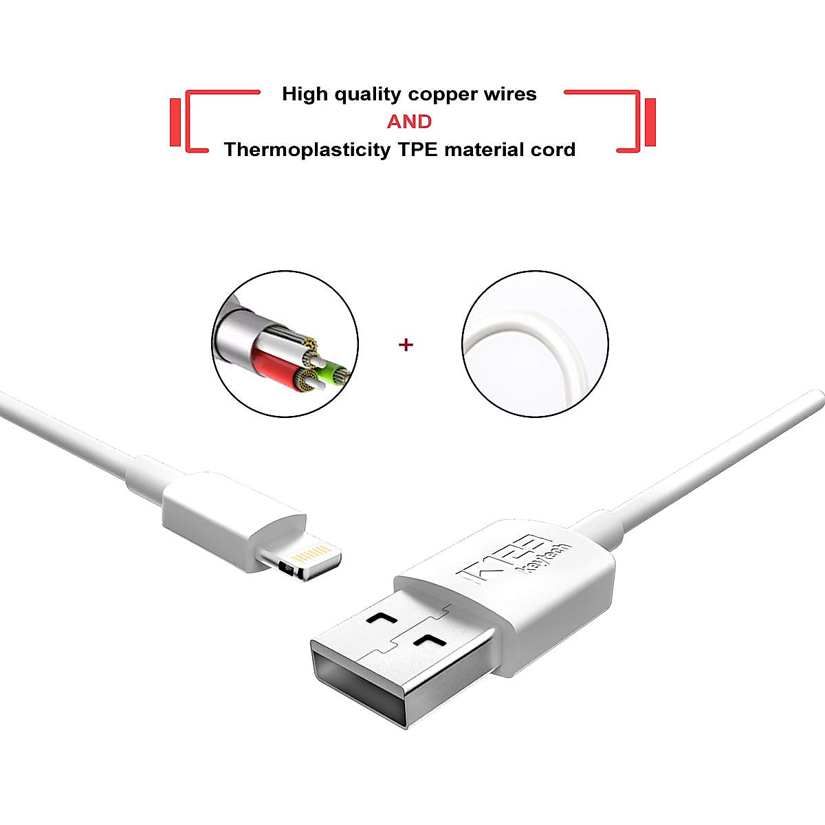 K123 Keytech Apple MFi Certified USB Lightning Cable 3ft iPhone Charger Cord 1M Premium White Data Cable for ipad, iPhone Xs/Xs Max/XR/X/8/8 Plus/7/7 Plus/6/6 Plus/5