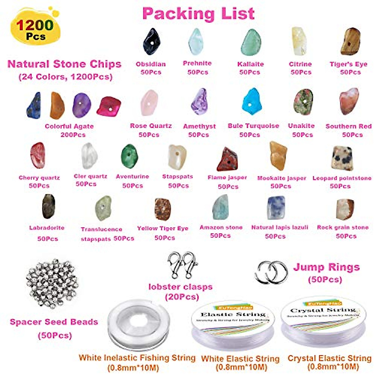 EuTengHao 1323Pcs Irregular Chip Stone Beads Natural Gemstone Beads Kit with Spacer Seed Beads Lobster Clasps Elastic String Jump Rings for DIY Necklace Bracelet Earring Jewelry Making Supplies