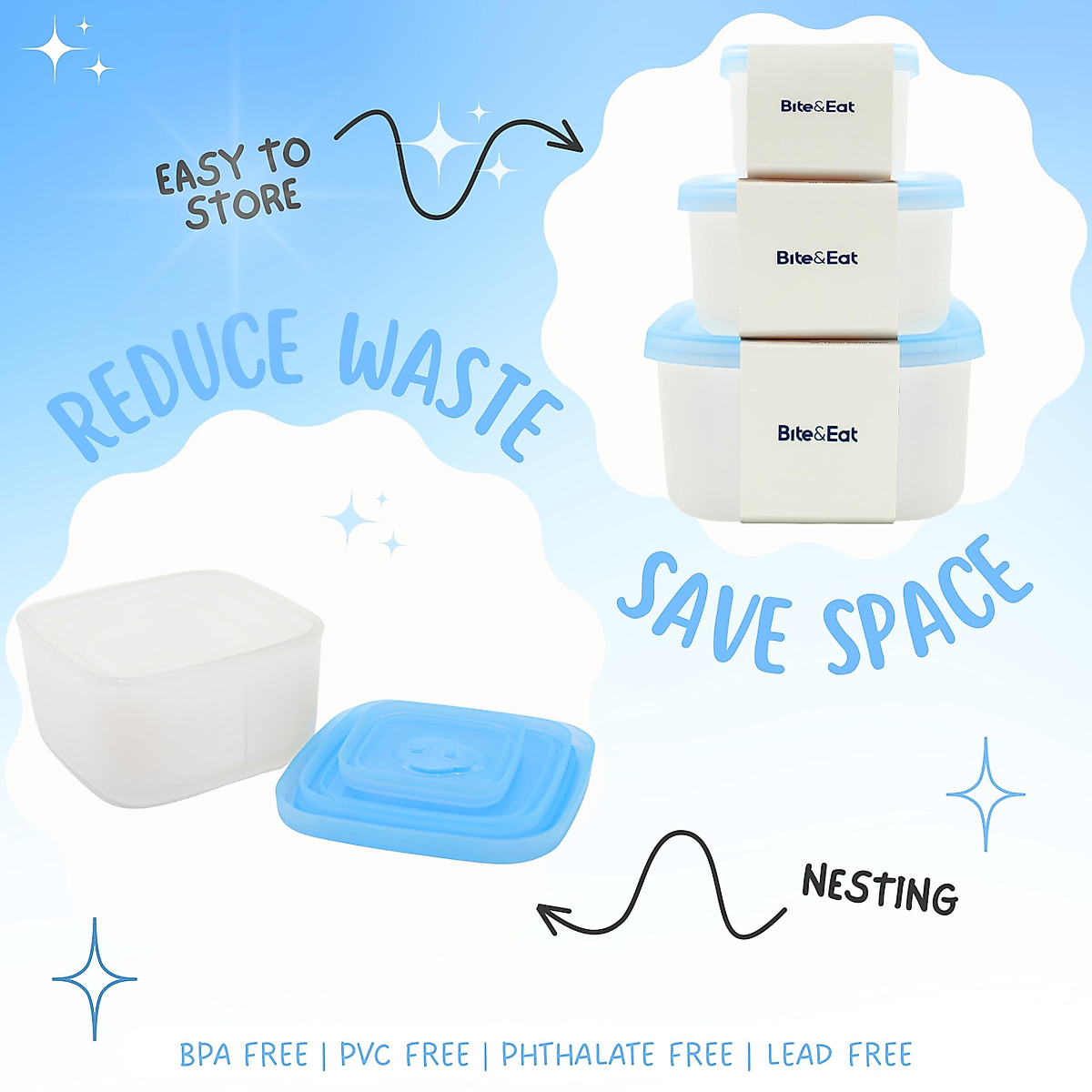 Bite&Eat Silicone Food Storage Containers | BPA Free, Airtight, Dishwasher, and Freezer Safe with Lids | Air Vent Nesting Containers Safe for Microwave | Set of 3 (5.7oz, 10oz, 20oz) - Blue/Clear