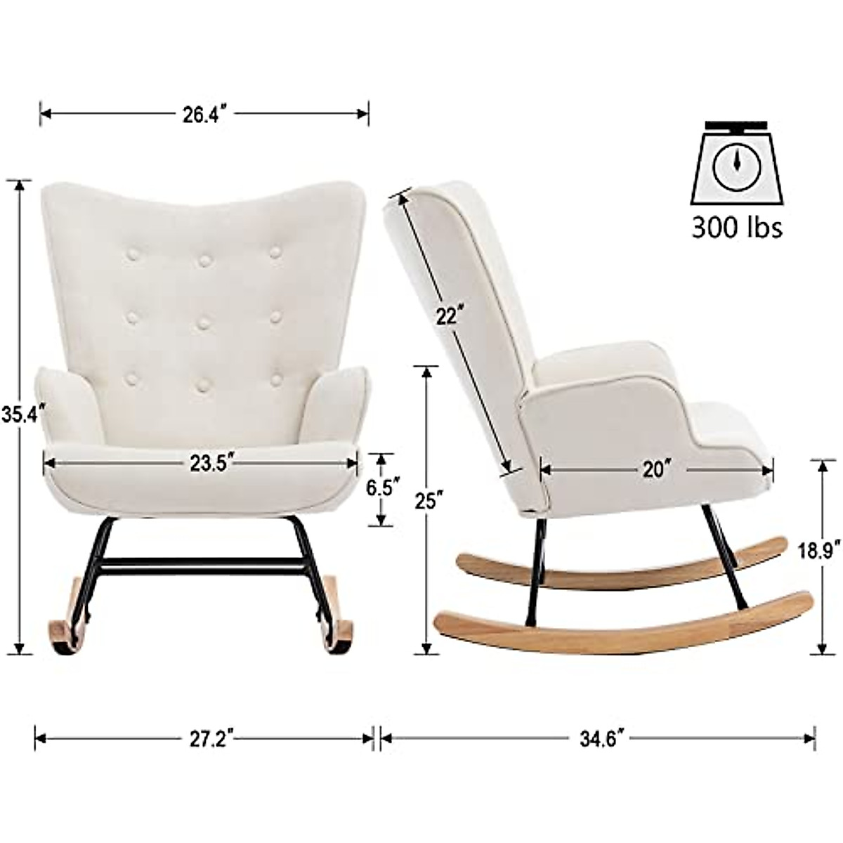 Wahson Glider Rocking Armchair with Tufted High Wingback Chenille Leisure Rocker Recliner Chair with Upholstered Comfy Cushion for Nursery/Indoor/Living Room/Bedroom, Beige