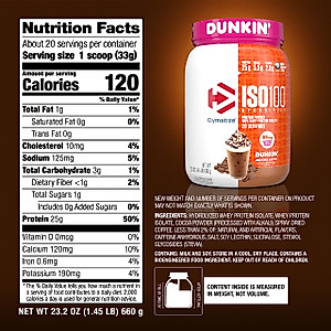 Dymatize ISO100 Hydrolyzed Protein Powder in Dunkin' Mocha Latte Flavor, 100% Whey Isolate, 25g Protein, 95mg Caffeine, 5.5g BCAAs, Gluten Free, Fast Absorbing, Easy Digesting, 20 Servings