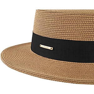Women Beach Straw Sun Hat - Summer Classic Boater Sun Hat Panama Short Brim Fedora for Party Travel(S/M) Khaki