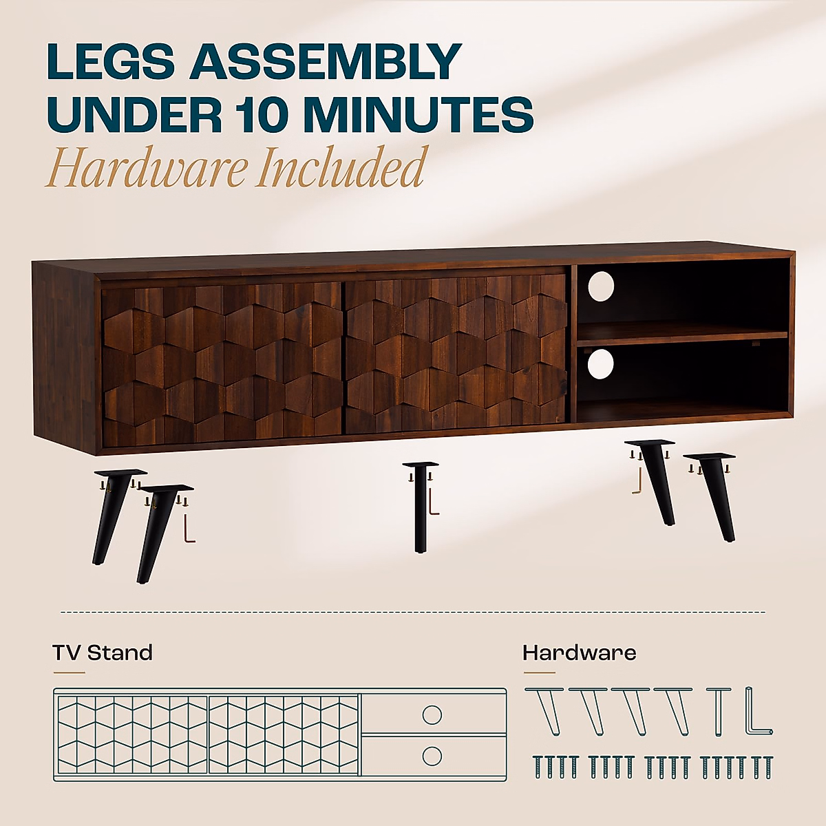 Bme Georgina 65 Inch Solid Wood TV Stand, Under 10 Minutes Assembly Entertainment Center with Storage, Geometric Pattern TV Console for Living Room, Bedroom, Dinning Room - Walnut