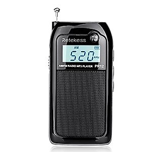 Retekess PR12 Digital Radio, Pocket Radio AM FM, Mini Radio with Micro SD, Backlit Display and Earphone Jack, Suit for Jogging and Gym (Black)