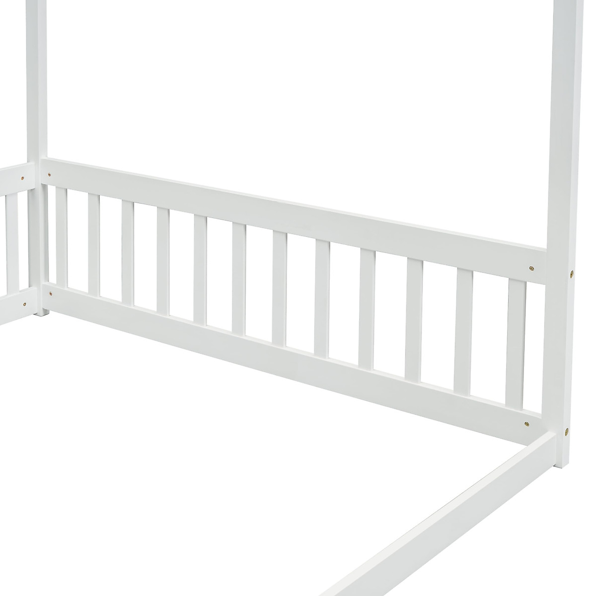 SOFTSEA Full Size Canopy Bed Frame, Floor Low Bed with Fence for Kids, Wood Bed Frame with Guardrails, No Box Spring Needed, Easy Assembly, Grey