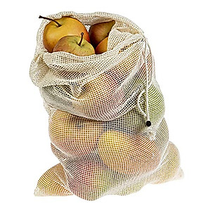 Kitchen Details 3 Pack Reusable Cotton Mesh Produce Bags | Green Living | Fruit and Vegetable Bags & Organizers | Good for Grocery Shopping | Natural Beige