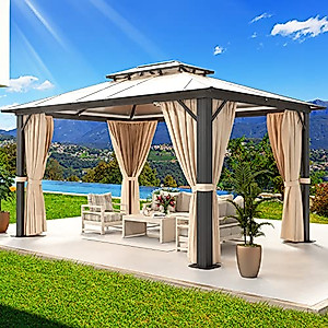 Aoxun Hardtop Gazebo, Outdoor Polycarbonate Double Roof Aluminum 10'x 13' Gazebo with Netting and Curtains for Deck Backyard Wedding Garden