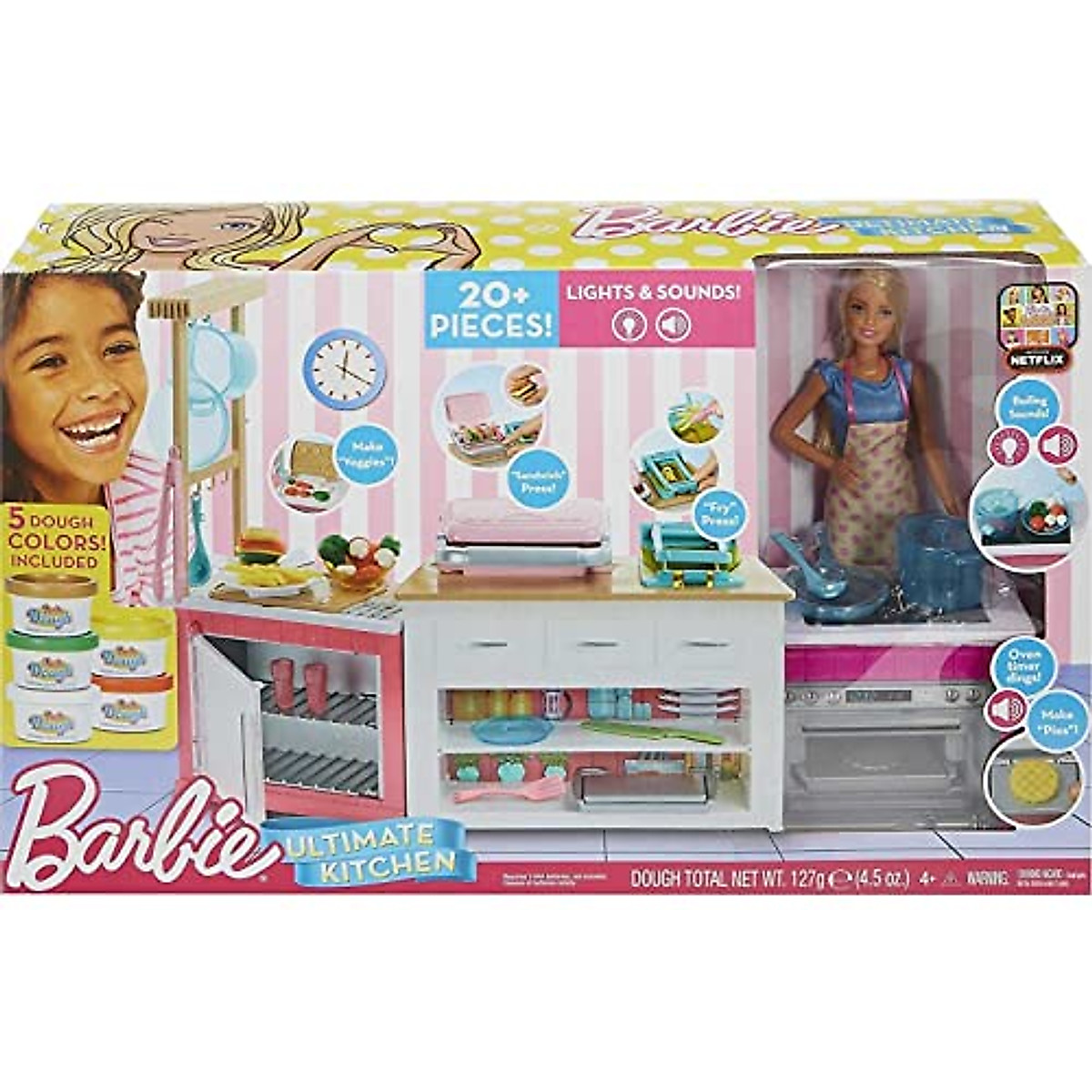 Barbie Ultimate Kitchen Doll & Playset with Lights & Sounds, Food Molds, 5 Dough Colors & 20+ Accessories, Blonde Chef Doll (Amazon Exclusive),Pink