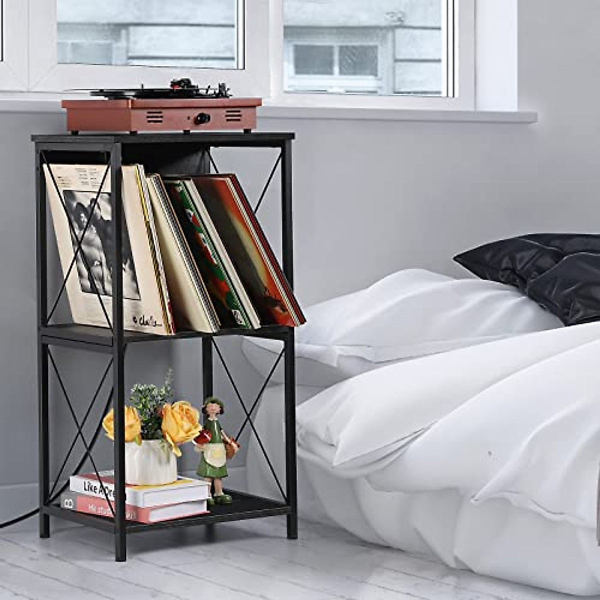 YBING Record Player Stand Record Player Table with Charging Station 3-Tier End Table with Storage Vinyl Record Storage Stand with Divider Nightstand for Living Room Bedroom Office, Black