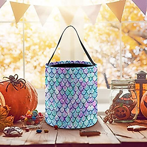 SLNFDKND Rainbow Mermaid Scale Halloween Bucket Trick Or Treat Buckets Candy Tote Bag for Kids Halloween Decorations