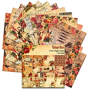 BLEDS Scrapbook Paper, 24 Sheets Vintage Rose Scrapbooking Paper 6x6 With 12 Different Designs Scrapbooking Supplies Single-Side Printing for Cardmaking Junk Journal Decorative Cardstock Background