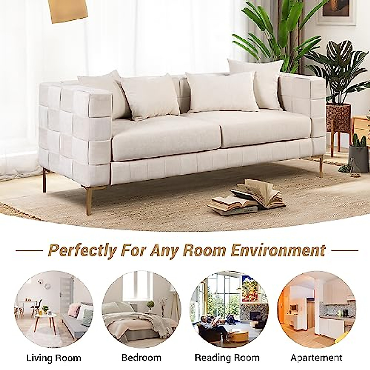 Merax 80.5" Upholstered Sofa with 4 Pillows Modern Couch with Golden Metal Legs for Living Room,Beige Love Seats