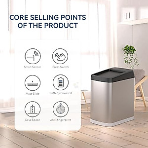 ELLO&ALLO 50 Liter 13 Gallon Touchless Rectangular Automatic Motion Sensor Trash Can for Kitchen, Brushed, 13 Gallon Black/Stainless Steel