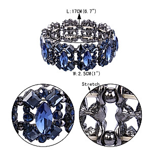 EVER FAITH Navy Blue Rhinestone Crystal Art Deco Wedding Banquet Elastic Stretch Bracelet Black-Tone