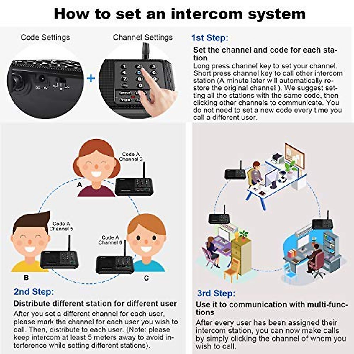 Wuloo Intercoms Wireless for Home 5280 Feet Range 10 Channel 3 Code, Wireless Intercom System for Home House Business Office, Room to Room Intercom, Home Communication System (3 Packs, Black)