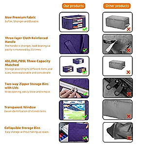 Closet Organizers and Storage, Collapsible Storage Bins, Under Bed Storage Containers with Clear Window, Reinforced Handles, Thick Fabric for Clothing, Comforter, Bedding, Sweater, Pillow, Blanket Storage Bags 6 Pack (Navy Blue) Contains 49L/84L/105L