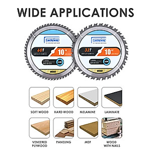 Luckyway 2-Pack 10 Inch Miter/Table Saw Blades 32T&60T with 5/8 Inch Arbor TCT Circular Saw Blade for Cutting Wood