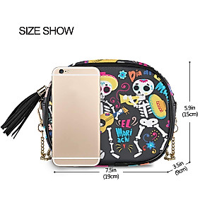 ALAZA PU Leather Small Crossbody Bag Purse Wallet Cute Sugar Skull Day Of The Dead Cell Phone Bags with Adjustable Chain Strap & Multi Pocket