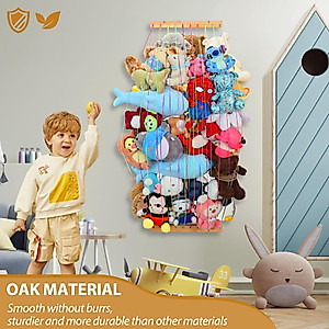 PHOENANCEE Stuff Animal Organizer for Plushies,Stuffed Animal Storage Wall,Plush Toys Holder Net Zoo for Kids Nursery Playroom Bedroom,Save Space,Length Adjustable,Upgraded,2 Pack(Natural Wood)