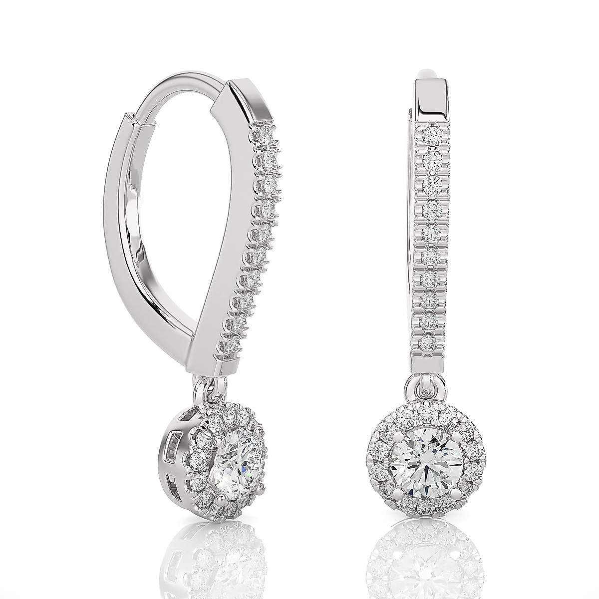 1 Carat Diamond Round Halo Dangle Earrings for Women in 14k White Gold (F-G, SI2-I1, cttw) Leverback by Privosa Fine Jewelry