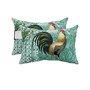 Recliner Head Pillow Ledge Loungers Chair Pillows with Insert Farmhouse Animal Rooster Retro Green Lumbar Pillow with Adjustable Strap Outdoor Waterproof Patio Pillows for Beach Pool, 2 PCS