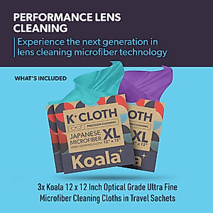 Koala Lens Cleaning Cloth | Japanese Microfiber | Glasses Cleaning Cloths | Eyeglass Lens Cleaner | Eyeglasses, Camera Lens, VR/AR Headset, and Screen Cleaning | Blue & Purple (Pack of 3)