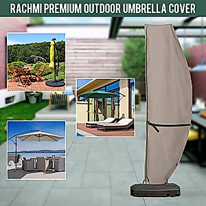Rachmi Patio Offset Umbrella Cover with Zipper & Rod, Heavy Duty 600D Water-Resistant UV Resistant Banana Cover Fits Round/Square Outdoor Garden Beach Cantilever Parasol 7.5-11.5 Feet, Khaki