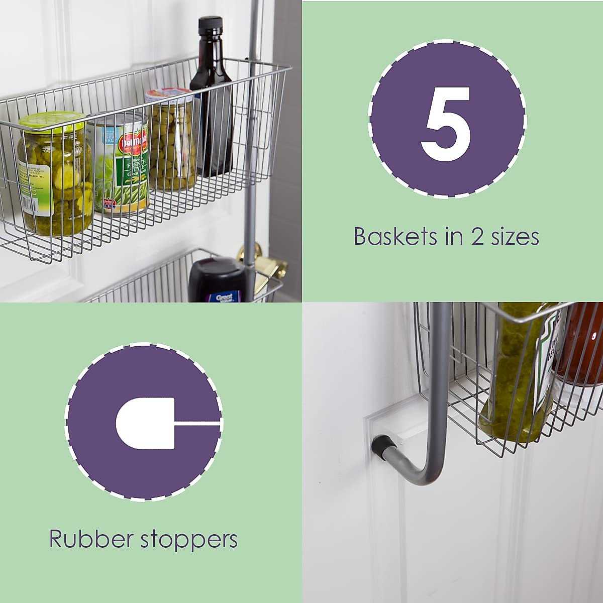 5 Tier Over The Door Pantry Organizer (Silver), By Home Basics | Metal Pantry Door Rack | Hanging Pantry Organizer For Condiments, Spices, Snacks, and Canned Goods