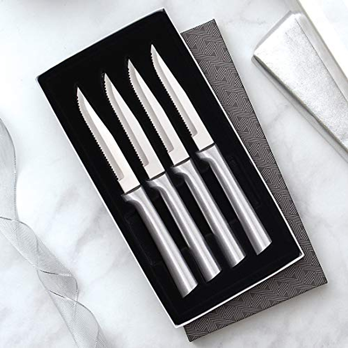 Rada Cutlery Serrated Steak Knife Set Stainless Steel Knives with Brushed Aluminum, Set of 4, 7 3/4, Silver Handle