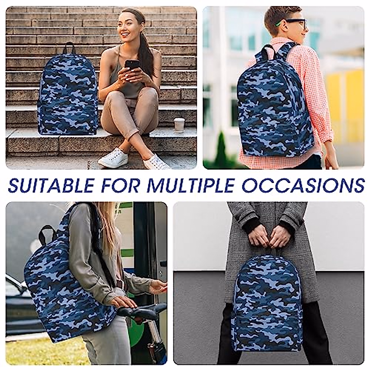 Lightweight Camo Boys School Backpack, Classic Bassic Bookbag for Middle School Students, Cute Camoflauge Patterned Casual Daypack for College, Travel, Work with 15-Inch Laptop Compartment, 17 IN