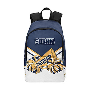 CUXWEOT Personalized Cheerleader Navy Gold White Backpack with Name Custom Travel Bag for women Men
