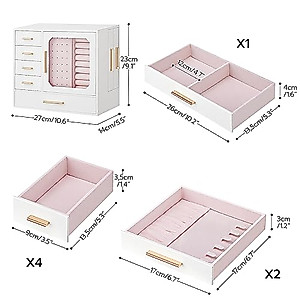 HOOBRO Jewelry Box with Glass Window, Large Capacity Jewelry Organizer, Jewelry Storage, Portable Jewelry Organizer Box, Modern Style, White and Light Gold WT05JB04