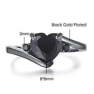 Black Gold Plated Heart Shaped Stone Solitaire Style Wedding Engagement Promise Statement Ring (Full Black, 8)