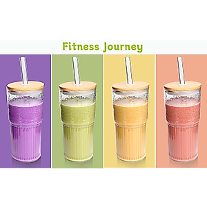 ANOTION Glass Cups with Lids and Straws - 22oz Coffee Cups Gifts for Women Drinking Glasses Iced Smoothie Cup Glass Tumbler Water Glasses Ribbed Glassware Clear Cups Travel Coffee Mug Glasses Set