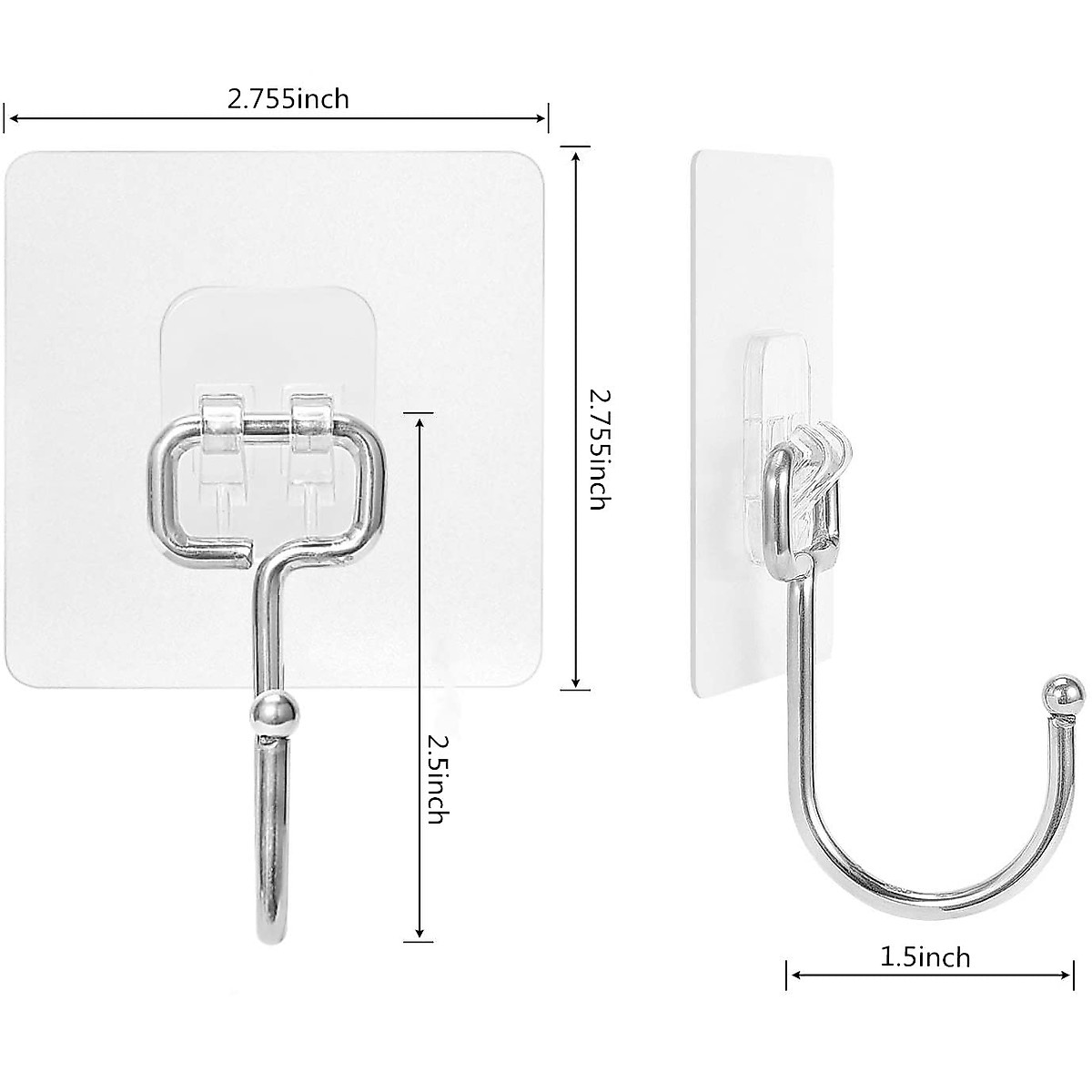 Large Adhesive Hooks 22Ib(Max),Waterproof and Rustproof Wall Hooks for Hanging Heavy Duty,Stainless Steel Towel and Coats Hooks to use Inside Kitchen Bathroom Home and Office 8 Pack (Transparent)