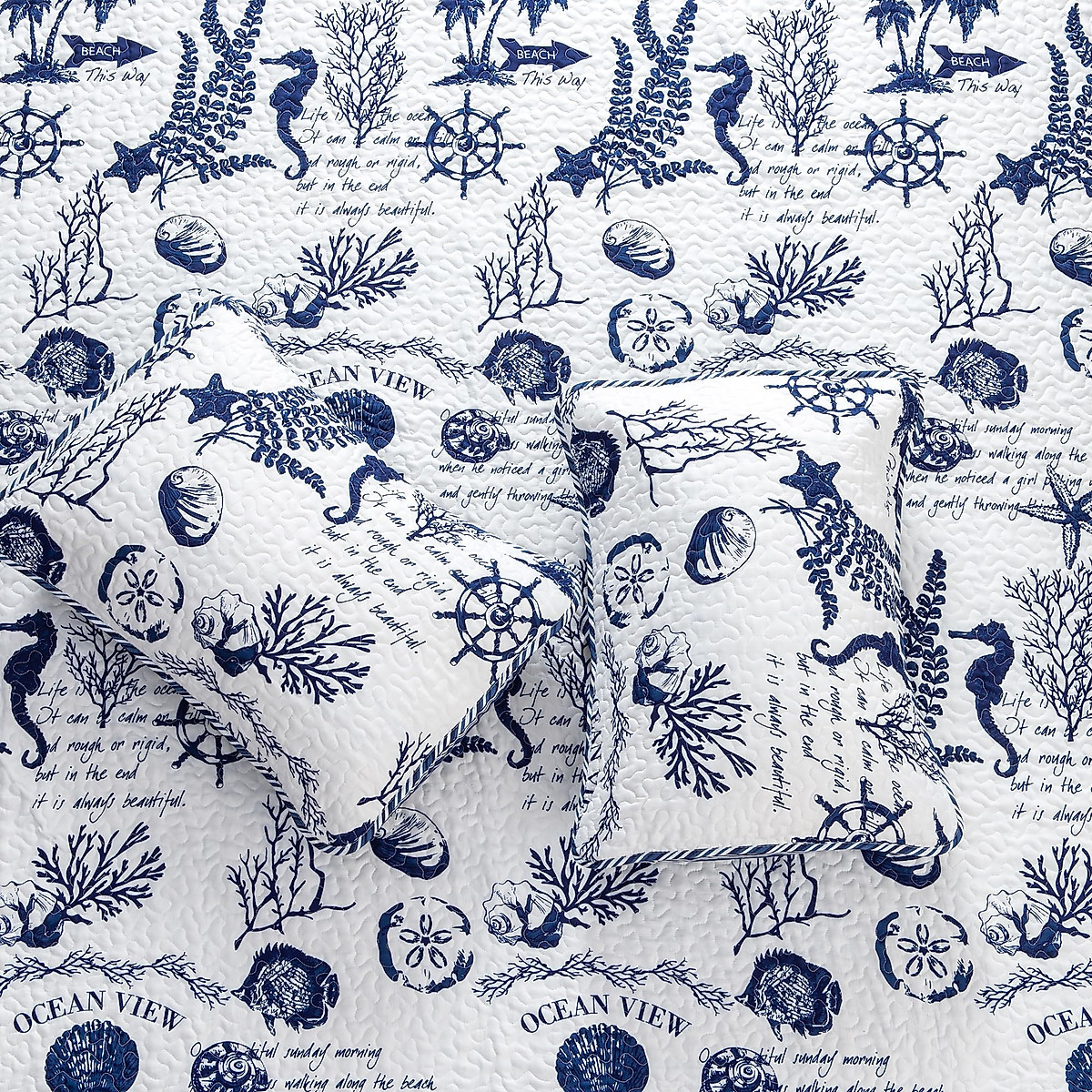 Great Bay Home Twin/Twin XL Coastal Bedding Set, Summer Coastal Quilt with Sham, Beach 2-Piece Reversible All Season Bedspread Quilt Set. Lightweight Nautical Quilted Coverlet. Navy