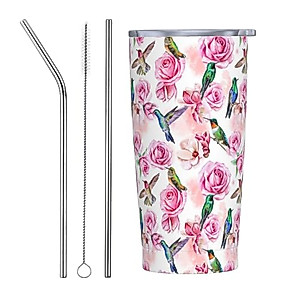 Yaxongx 20oz Tumbler Roses Hummingbird Double Wall Vacuum Insulated Coffee Mug with Lid and Metal Straw Brush Reusable Stainless Steel Water Bottle Travel Cup Gifts for Car Ice Drinks Hot Beverage