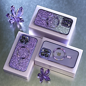 QVLANG Magnetic Clear Case for iPhone 14 Pro Max Case [Compatible with MagSafe] [Full Camera Lens Protection] [2 Replaceable Glitters] Luxury Shiny Cover for Women Girls (6.7") - Deep Purple