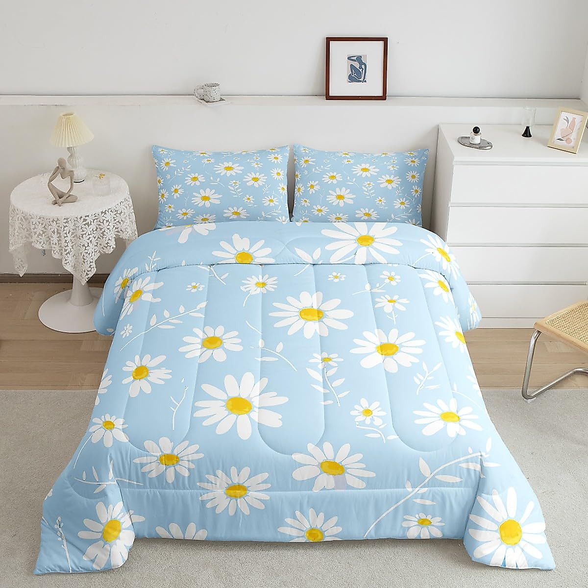 Manfei Daisy Comforter Set Twin Size, White Flower Leaves Bedding Set 2pcs for Kids Boys Girls Bedroom Decor, Botanical Garden Artwork Quilt Set Soft Polyester Duvet Set with 1 Pillowcase