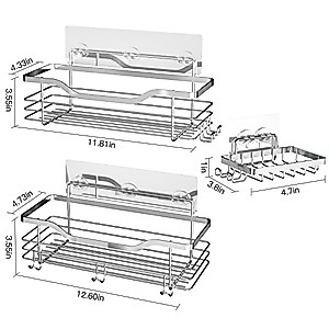 GOGOKIT Shower Caddy with Hanging Hooks - Wall Mounted Storage - 3 Pack - Kitchen Organizer Rack - No Drilling Adhesive Mount - Stainless Steel Rustproof Tidy Accessories Holder - Large Capacity (Silver)