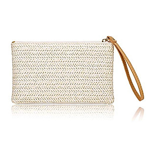 COOKOOKY Women's Straw Clutch Bag Bohemian Zipper Wristlet Womens Summer Beach Sea Purse Straw Wallets For Women (Beige- White)