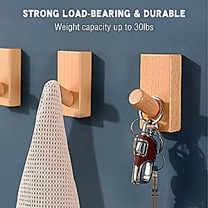 QUELLANCE Wood Wall Hooks for Hanging - 4 Pack Utility Hooks Coat Hooks Wall Mounted, Robe & Towel Hooks for Bathroom, Natural Handmade Hat Hooks Heavy Duty Wall (Beech Wood)