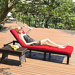 Tangkula Rattan Wicker Chaise Lounge Chair, Outdoor Patio Lounger Recliner Chair w/Adjustable Backrest, Heavy-Duty Reclining Chair Sunbed with Thick Zippered Cushion for Garden Yard Patio (1, Red)
