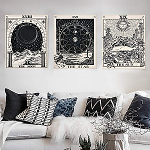 Likiyol Pack of 3 Tarot Tapestry The Sun The Moon The Star Tarot Card Tapestry with Rustproof Grommets, Seamless Nails (Black white, 11.8 x 15.7 inches)