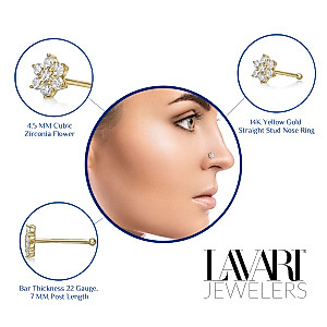 Lavari Jewelers 22 Gauge White Cubic Zirconia Straight Bone Flower Nose Ring in 14k Yellow Gold Straight Stud I 4.5mm Hypoallergenic Nostril Piercing Jewelry I CZ 22G Body Piercing