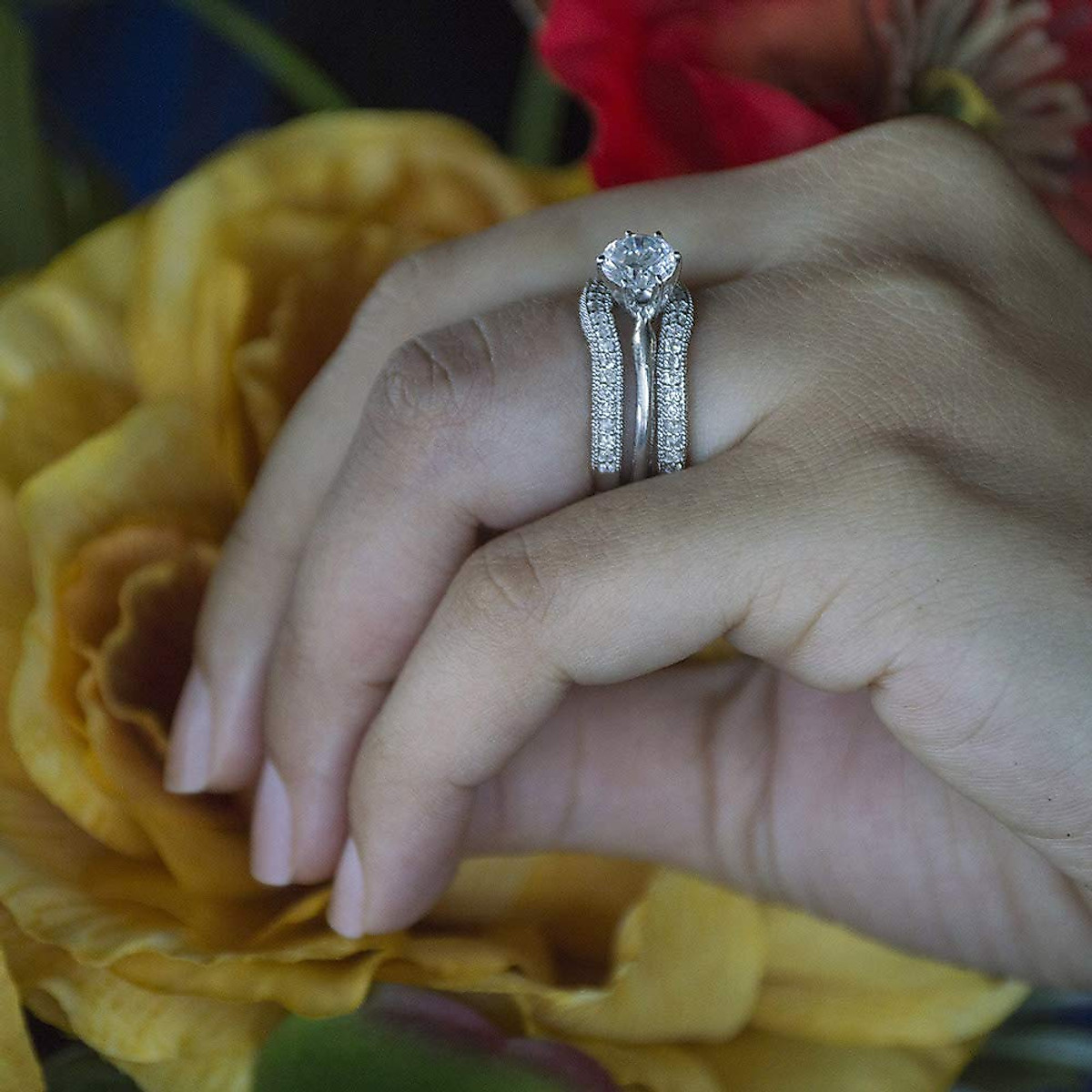 TwoBirch Sterling Silver Contour Ring Guard with Millgrained Edges and Filigree Cut Out Design With CZ or MOISSANITE (0.48 ct.) (Cubic Zirconia, 7)