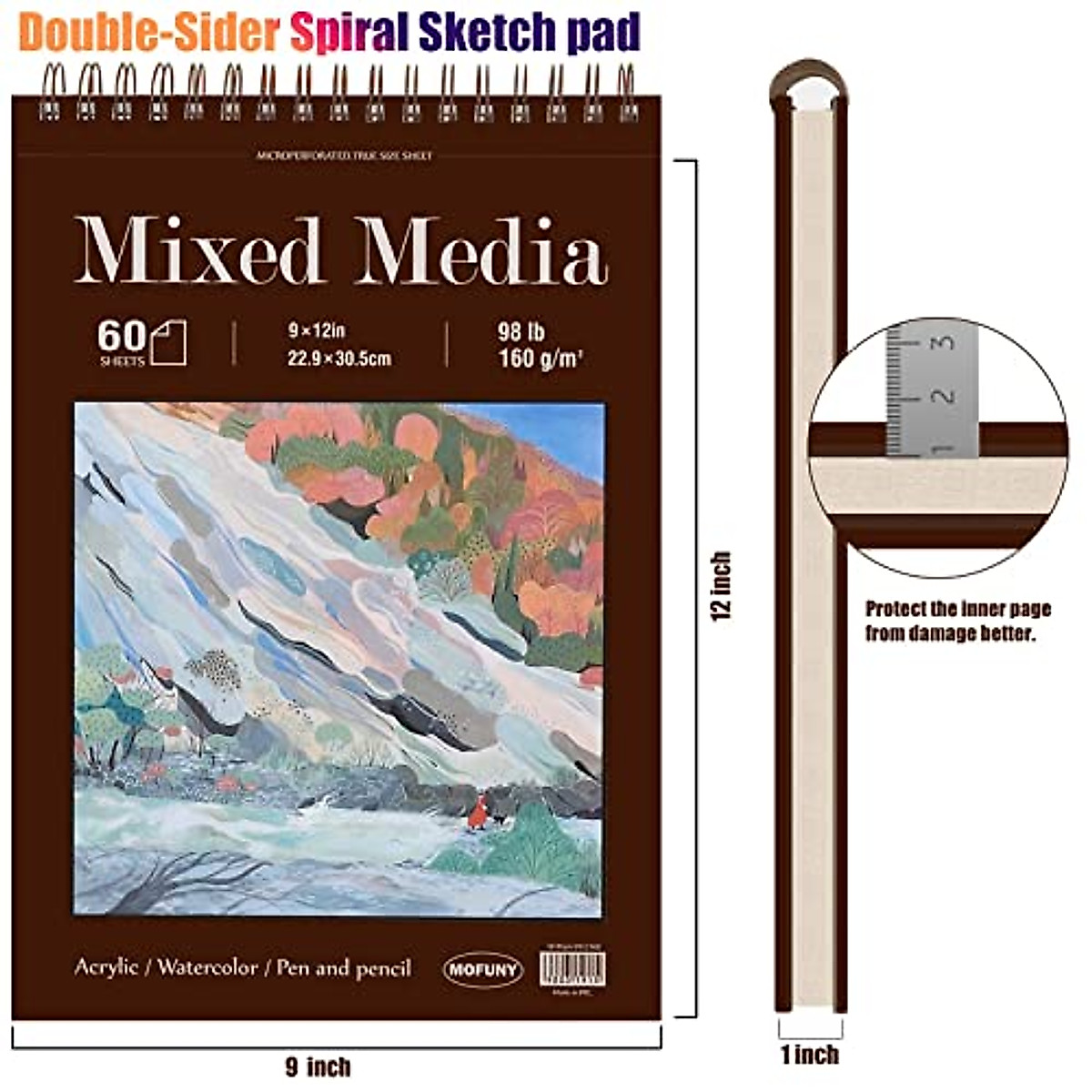 Mixed Media Sketch Pad, 9 x 12 inches, 60 Sheets (98lb/160gsm) Heavyweight Drawing Papers, Top Spiral Bound Hardcover Sketchbook, for Wet and Dry Media, Drawing, Painting